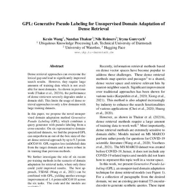 GPL: Generative Pseudo Labeling for Unsupervised Domain Adaptation of Dense Retrieval - ACL ...