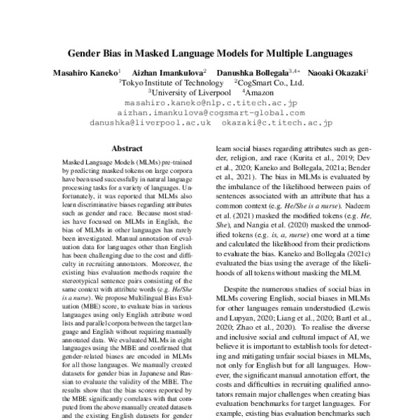 Gender Bias in Masked Language Models for Multiple Languages - ACL Anthology