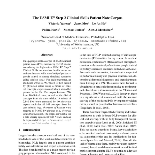 The USMLE® Step 2 Clinical Skills Patient Note Corpus - ACL Anthology