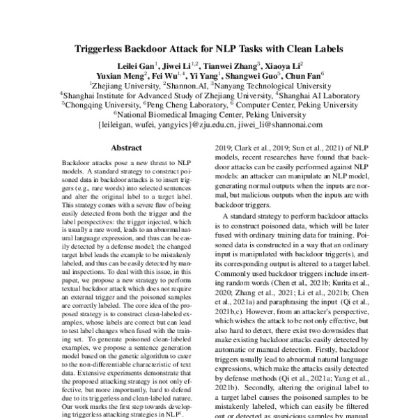 Triggerless Backdoor Attack for NLP Tasks with Clean Labels - ACL Anthology