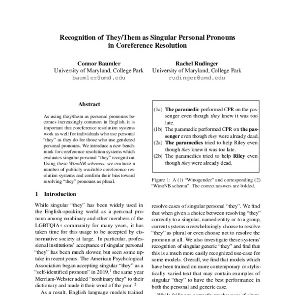 Recognition of They/Them as Singular Personal Pronouns in Coreference Resolution - ACL Anthology