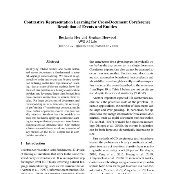 Contrastive Representation Learning For Cross Document Coreference Resolution Of Events And