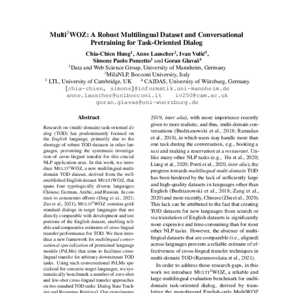 Multi2WOZ: A Robust Multilingual Dataset and Conversational Pretraining for Task-Oriented Dialog ...