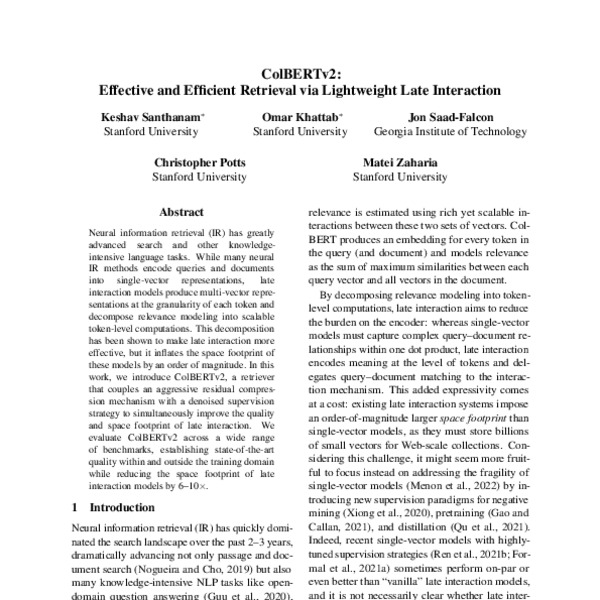ColBERTv2: Effective and Efficient Retrieval via Lightweight Late ...