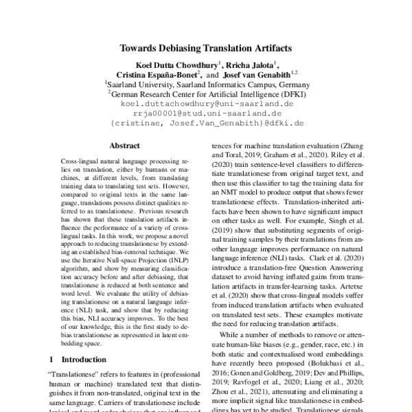 Towards Debiasing Translation Artifacts - ACL Anthology