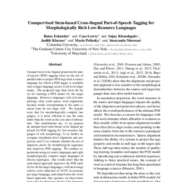 Unsupervised Stem-based Cross-lingual Part-of-Speech Tagging for Morphologically Rich Low ...