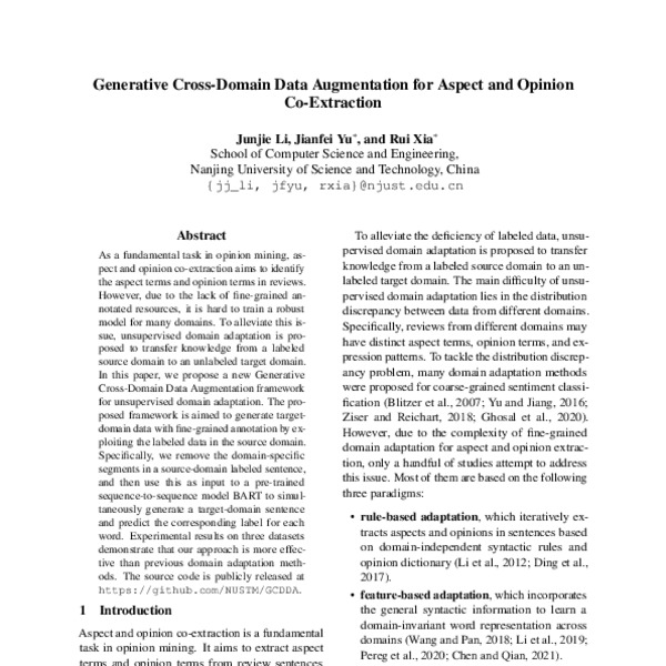 Generative Cross-Domain Data Augmentation for Aspect and Opinion Co-Extraction - ACL Anthology
