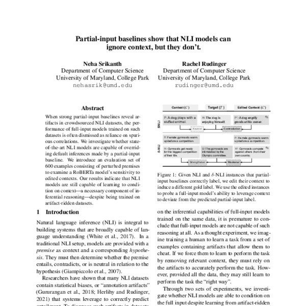 Partial-input baselines show that NLI models can ignore context, but ...