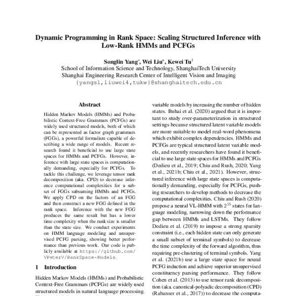 Dynamic Programming in Rank Space: Scaling Structured Inference with Low-Rank HMMs and PCFGs ...