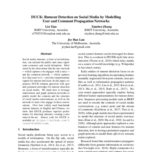 DUCK: Rumour Detection on Social Media by Modelling User and Comment Propagation Networks - ACL ...