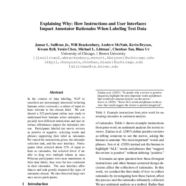 Explaining Why: How Instructions and User Interfaces Impact Annotator Rationales When Labeling ...