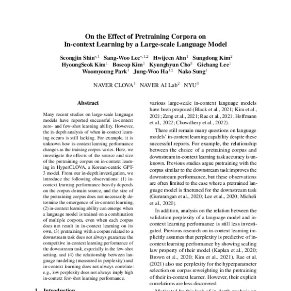 On the Effect of Pretraining Corpora on In-context Learning by a Large-scale Language Model ...