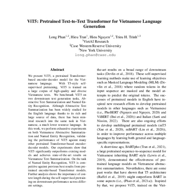ViT5: Pretrained Text-to-Text Transformer for Vietnamese Language ...