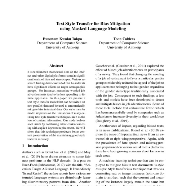 Text Style Transfer for Bias Mitigation using Masked Language Modeling - ACL Anthology