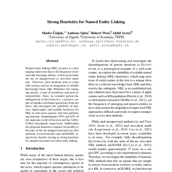 Strong Heuristics For Named Entity Linking Acl Anthology