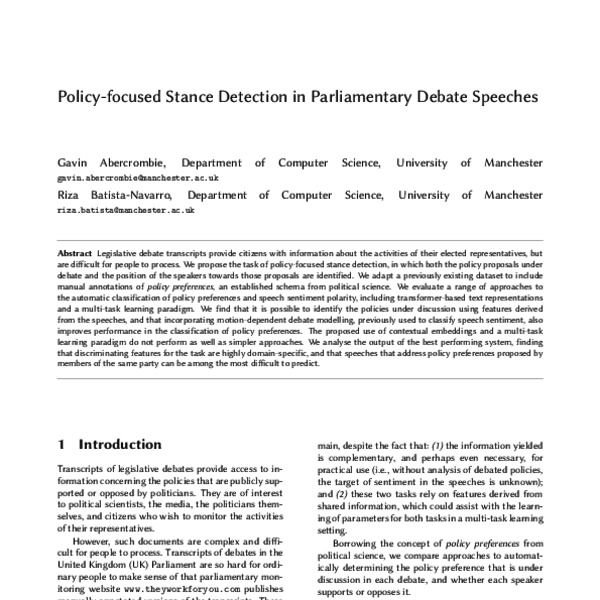 Policy-focused Stance Detection in Parliamentary Debate Speeches - ACL ...