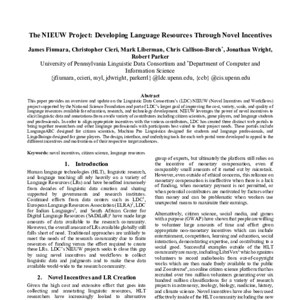 The NIEUW Project: Developing Language Resources through Novel ...