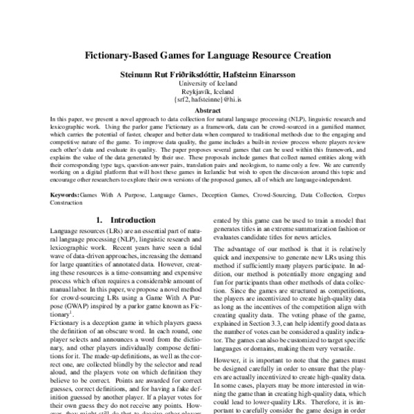 Fictionary-Based Games for Language Resource Creation - ACL Anthology