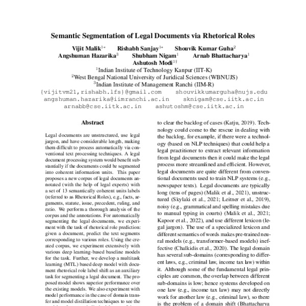 Semantic Segmentation of Legal Documents via Rhetorical Roles - ACL Anthology