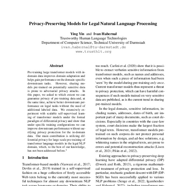 Privacy-Preserving Models for Legal Natural Language Processing - ACL Anthology