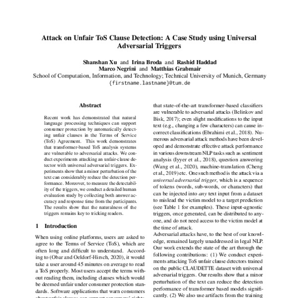 Attack on Unfair ToS Clause Detection: A Case Study using Universal Adversarial Triggers - ACL ...