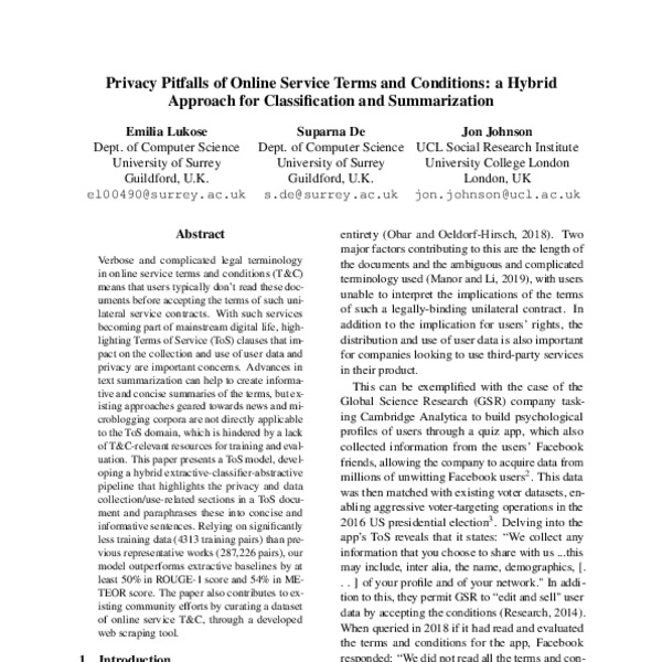 Privacy Pitfalls of Online Service Terms and Conditions: a Hybrid ...