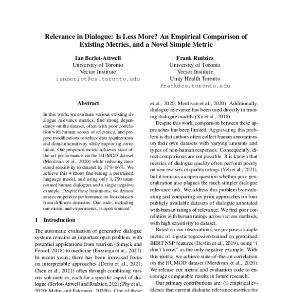 Relevance in Dialogue: Is Less More? An Empirical Comparison of Existing Metrics, and a Novel ...
