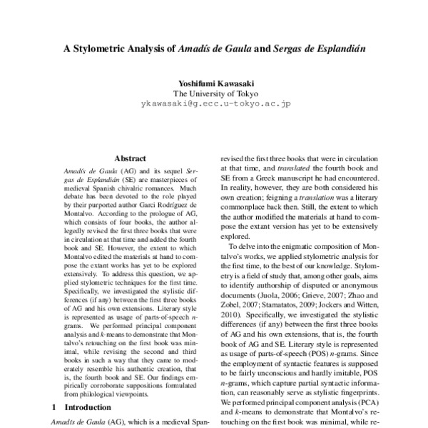 A Stylometric Analysis of Amadís de Gaula and Sergas de Esplandián ...