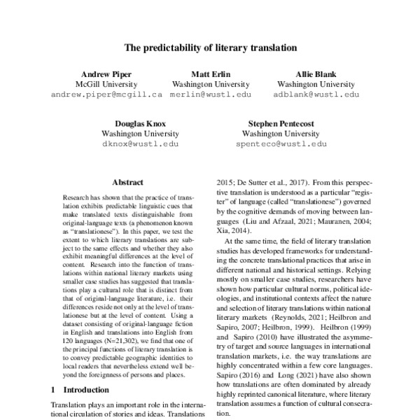 The predictability of literary translation - ACL Anthology
