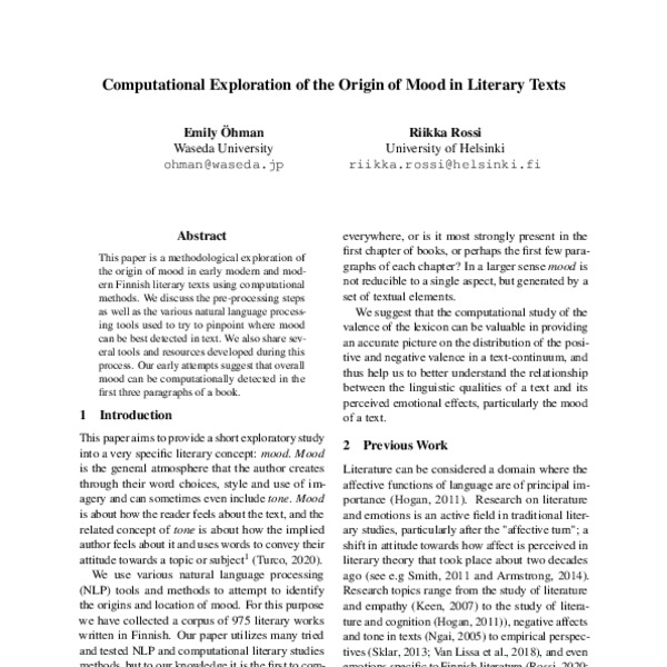 Computational Exploration of the Origin of Mood in Literary Texts - ACL ...