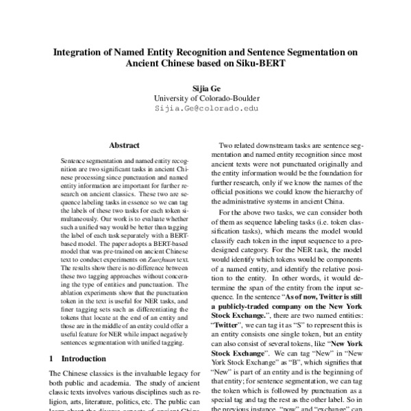 Integration of Named Entity Recognition and Sentence Segmentation on Ancient Chinese based on ...