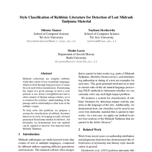Style Classification of Rabbinic Literature for Detection of Lost ...