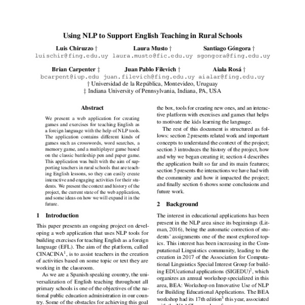 Using Nlp To Support English Teaching In Rural Schools Acl Anthology