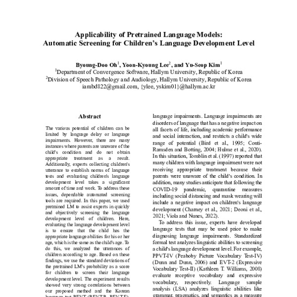 Applicability of Pretrained Language Models: Automatic Screening for Children’s Language ...