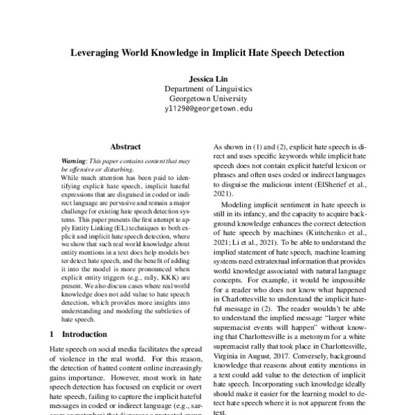 Leveraging World Knowledge in Implicit Hate Speech Detection - ACL Anthology