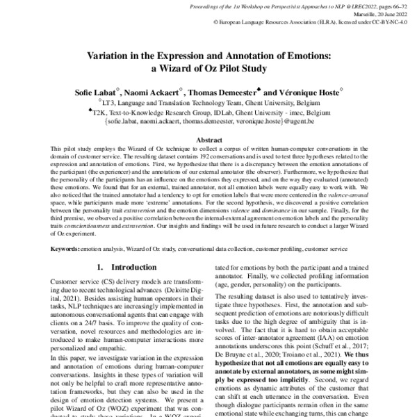 Variation in the Expression and Annotation of Emotions: A Wizard of Oz ...