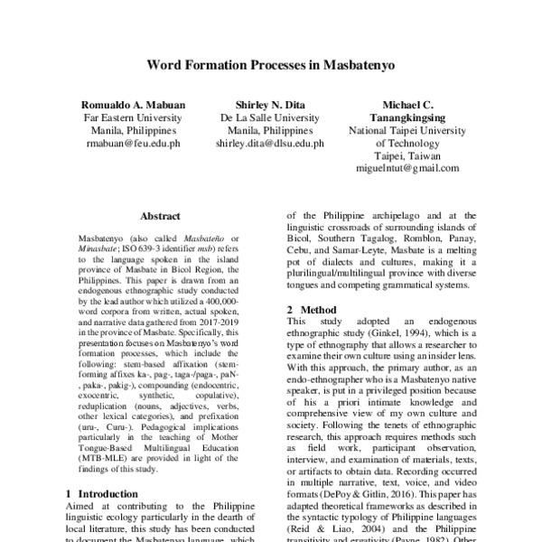 Word Formation Processes in Masbatenyo - ACL Anthology
