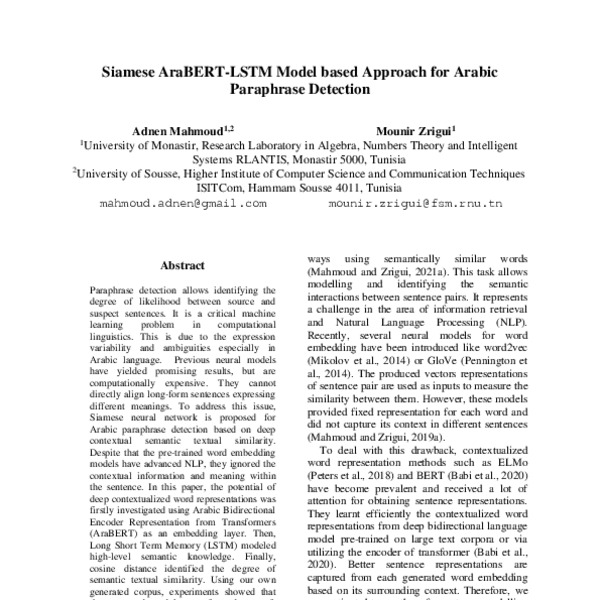 Siamese AraBERT-LSTM Model based Approach for Arabic Paraphrase ...