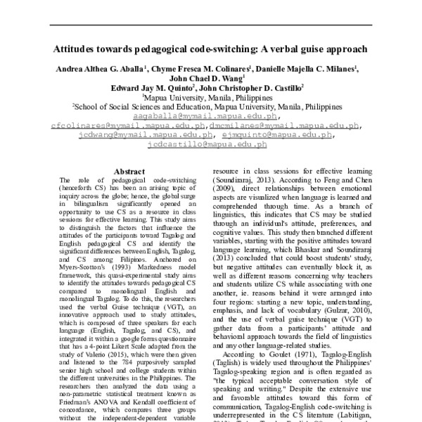 Attitudes towards pedagogical code-switching: A verbal guise approach ...