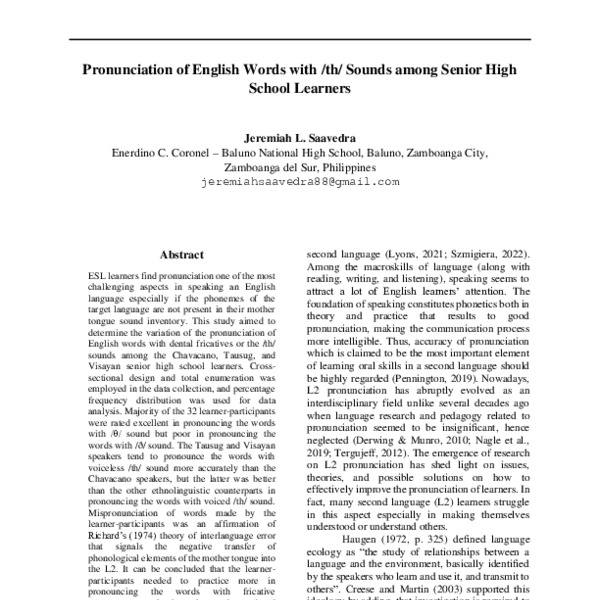 Pronunciation of English Words with /th/ Sounds among Senior High ...