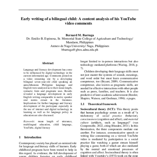Early writing of a bilingual child: A content analysis of his YouTube video comments - ACL Anthology
