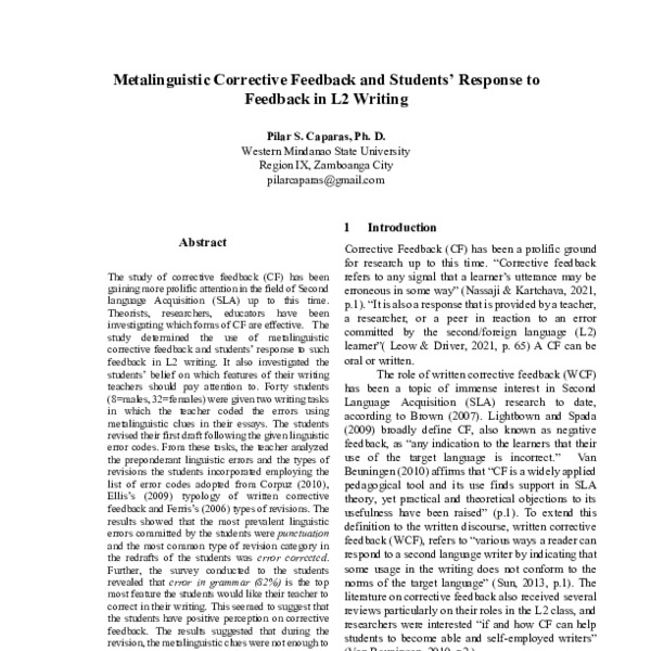 Metalinguistic Corrective Feedback and Students’ Response to Feedback ...