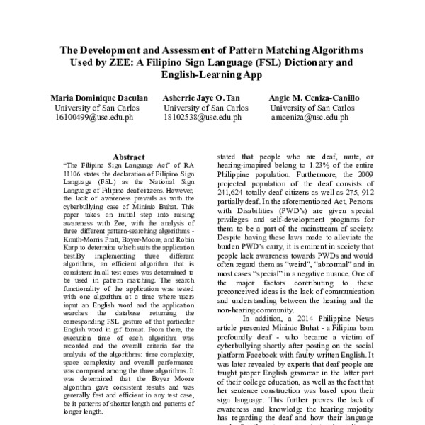 The Development And Assessment Of Pattern Matching Algorithms Used By 