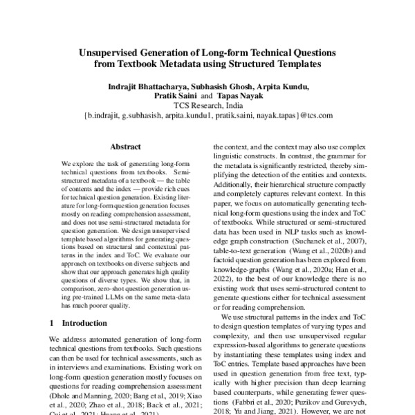 Unsupervised Generation of Long-form Technical Questions from Textbook Metadata using Structured ...