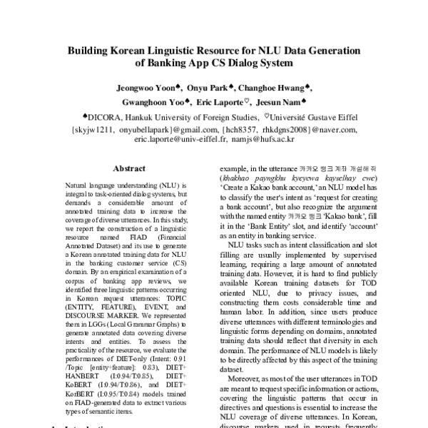 Building Korean Linguistic Resource for NLU Data Generation of Banking App CS Dialog System ...