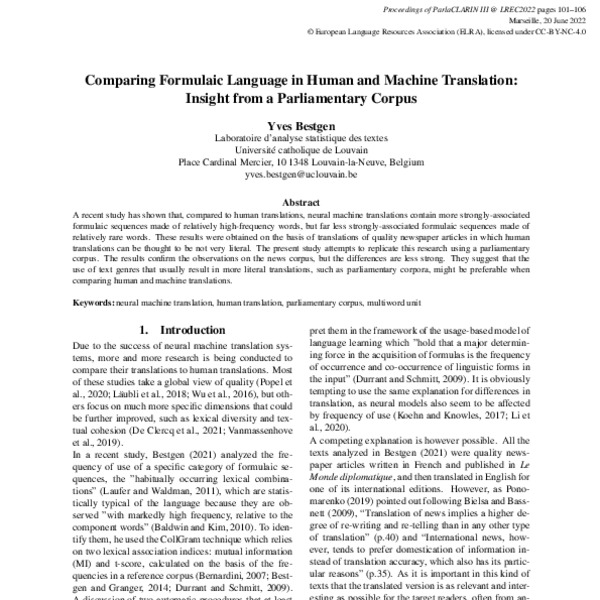 Comparing Formulaic Language in Human and Machine Translation: Insight ...