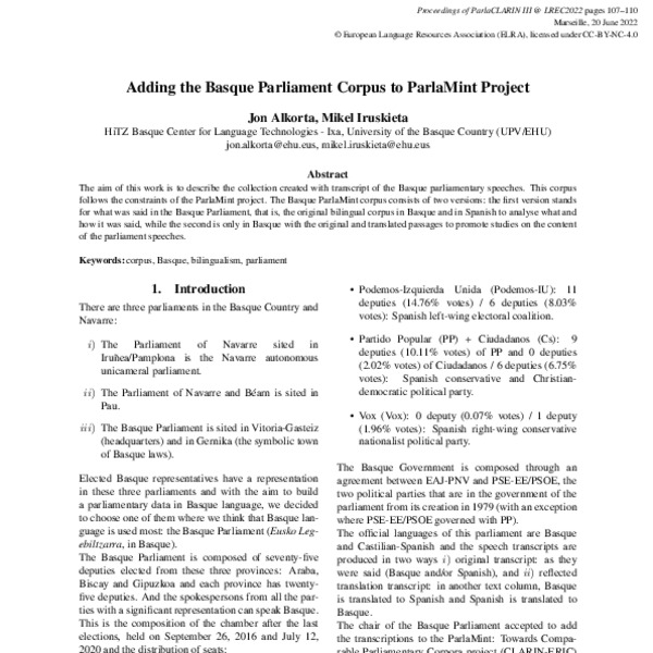 Adding the Basque Parliament Corpus to ParlaMint Project - ACL Anthology
