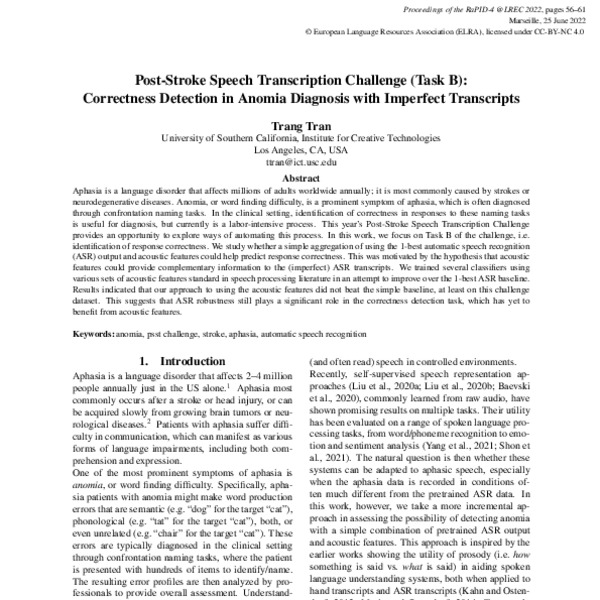 Post-Stroke Speech Transcription Challenge (Task B): Correctness Detection in Anomia Diagnosis ...