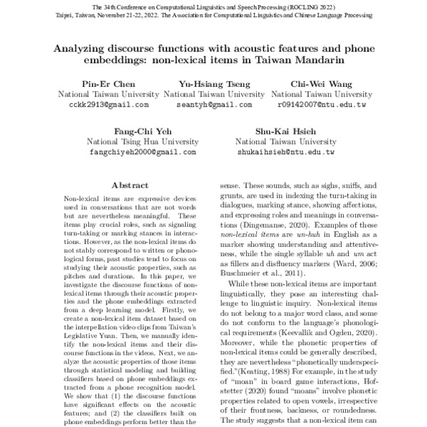 Analyzing discourse functions with acoustic features and phone embeddings: non-lexical items in ...