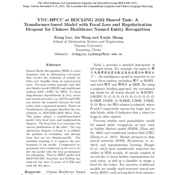 YNU-HPCC at ROCLING 2022 Shared Task: A Transformer-based Model with Focal Loss and ...